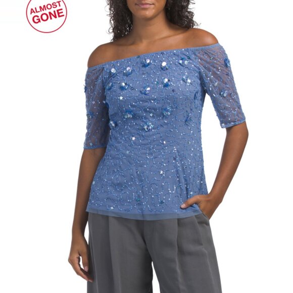 Adrianna Papell | Tops | Adrianna Papell French Blue 3d Floral Beaded ...